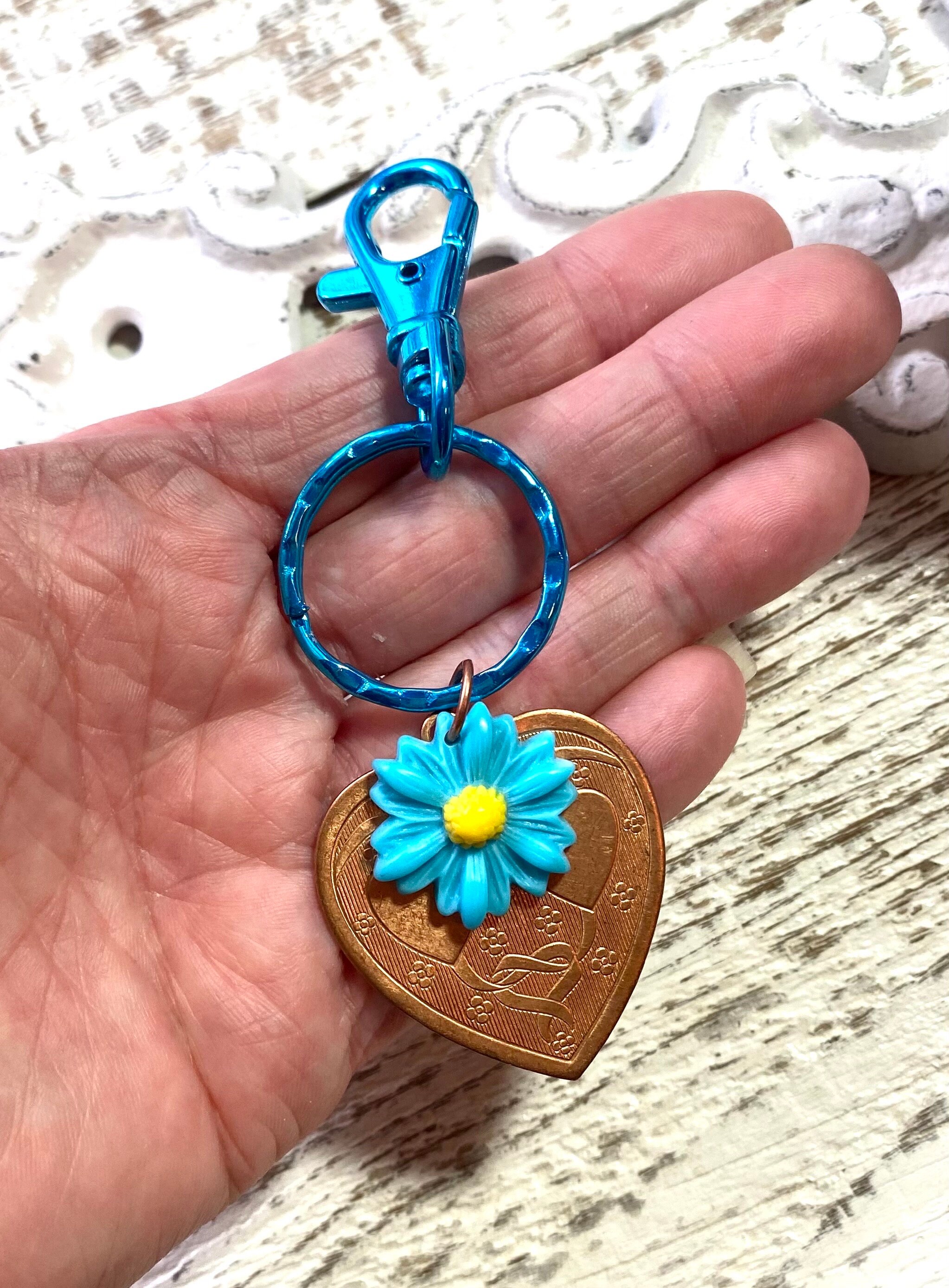Vintage Blue Sunflower Heart Charm Key Chain, Rose Brass Double Heart ...