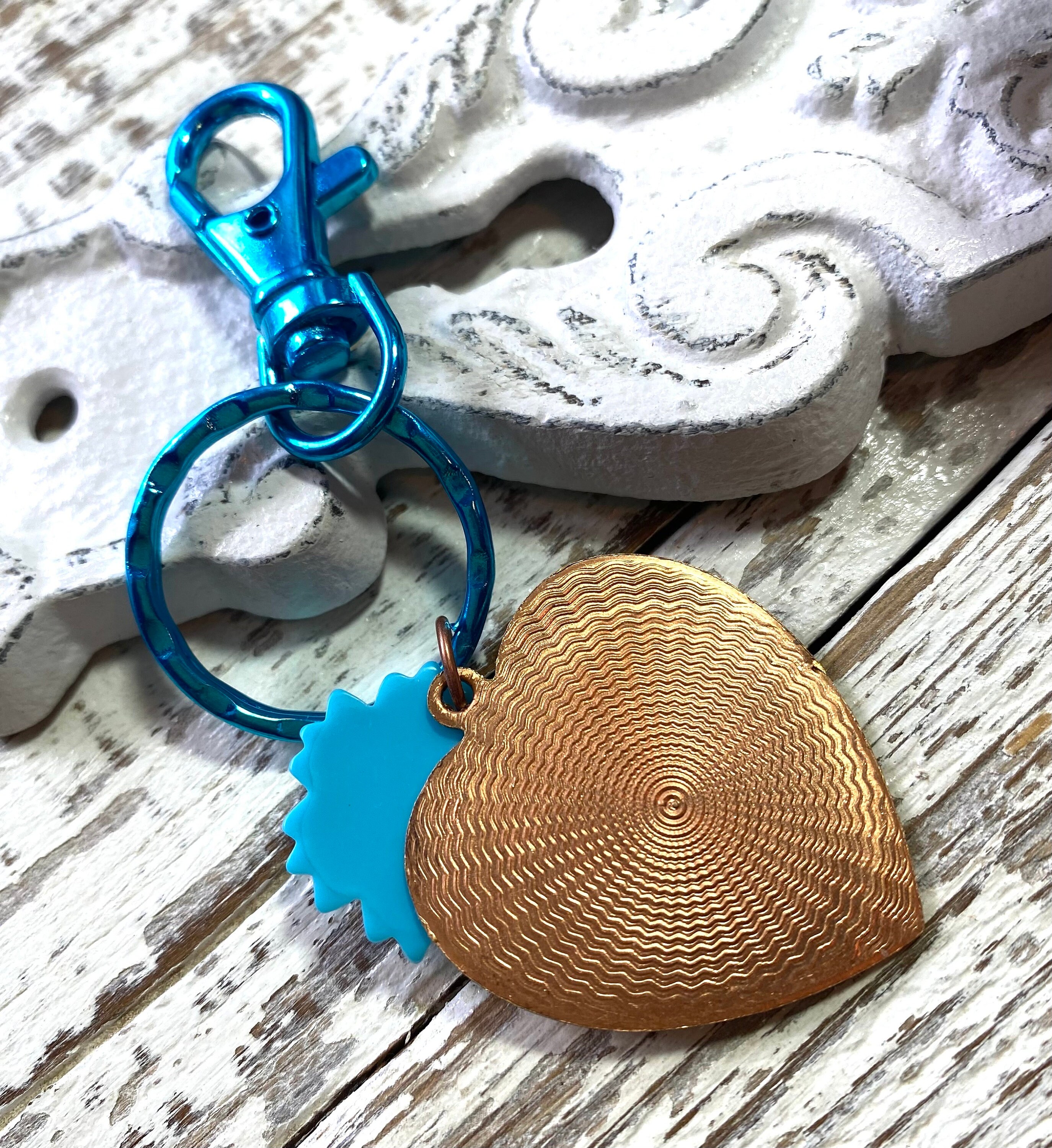 Vintage Blue Sunflower Heart Charm Key Chain, Rose Brass Double Heart ...