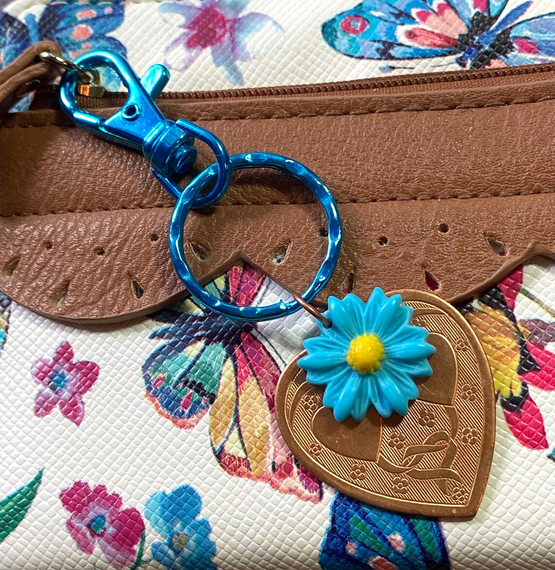 Vintage Blue Sunflower Heart Charm Key Chain, Rose Brass Double Heart ...