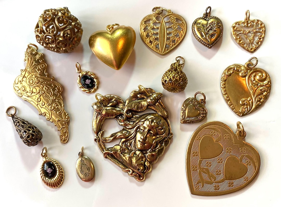 Choice of Charm Pendant, Vintage Brass Heart Art Nouveau Lady ...