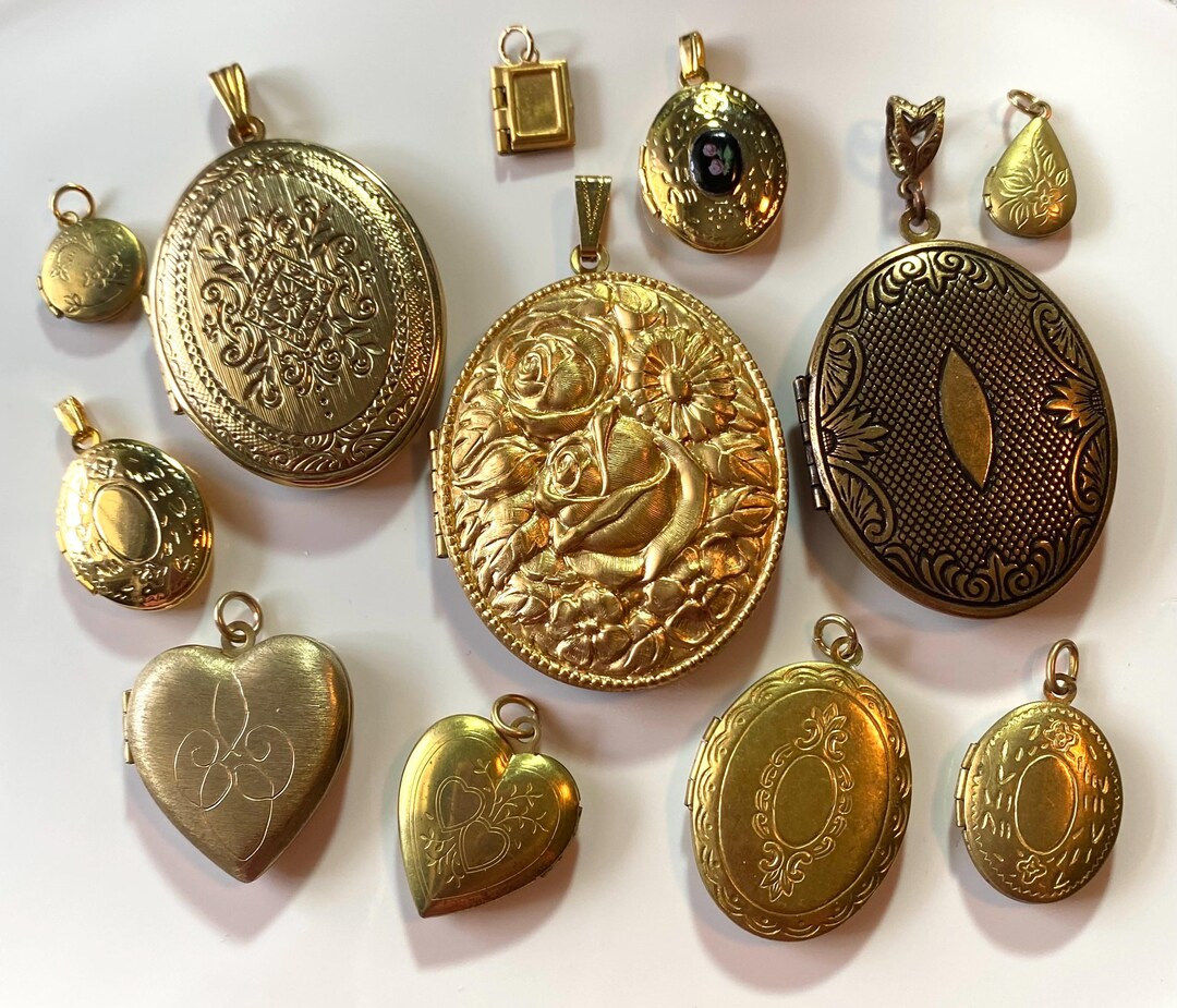 Choice of Vintage Brass Pendants Charms Lockets, Cameo Floral Carved ...
