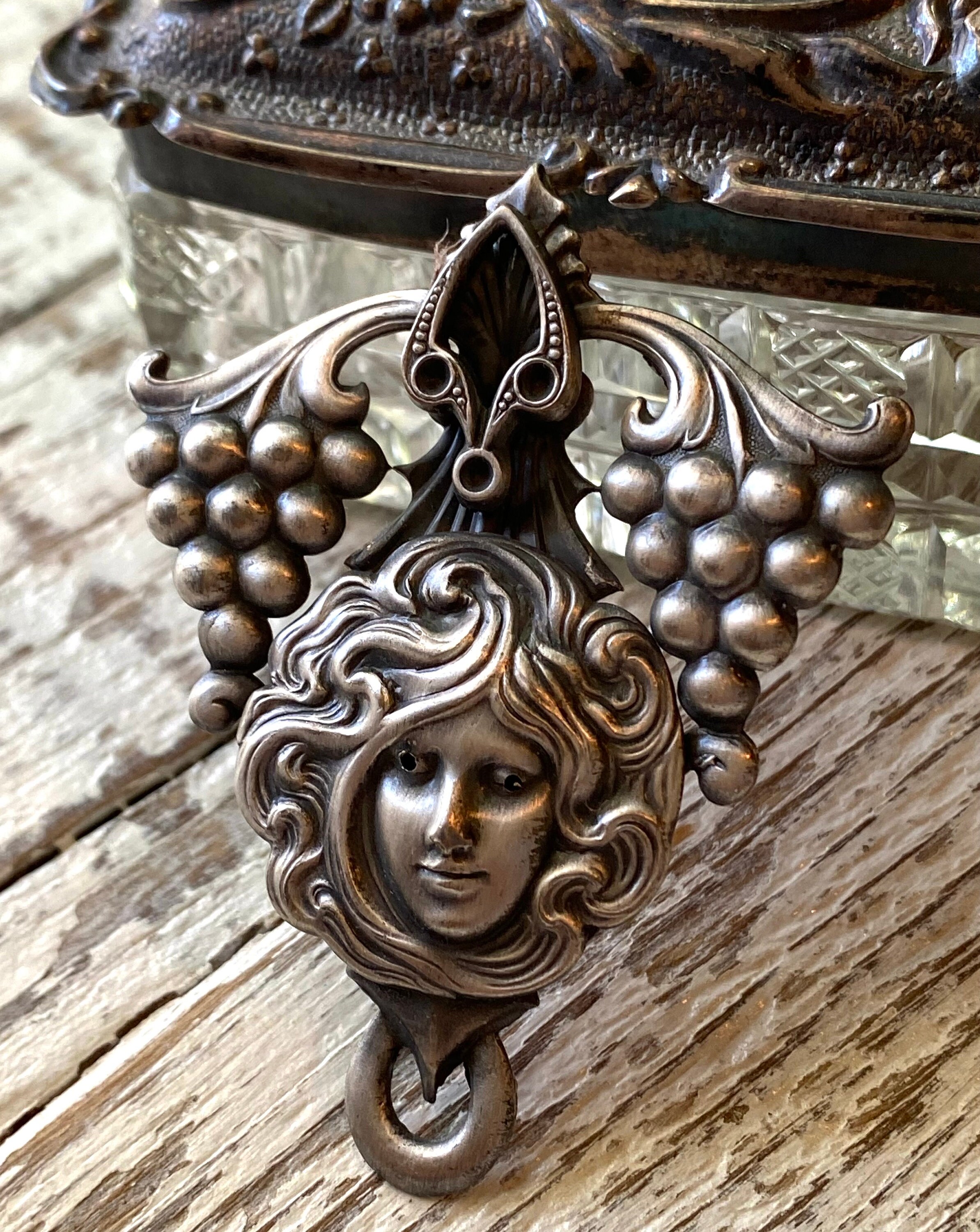 Vintage Art Nouveau Mucha Lady Stamping Finding Pendant, Grapes ...