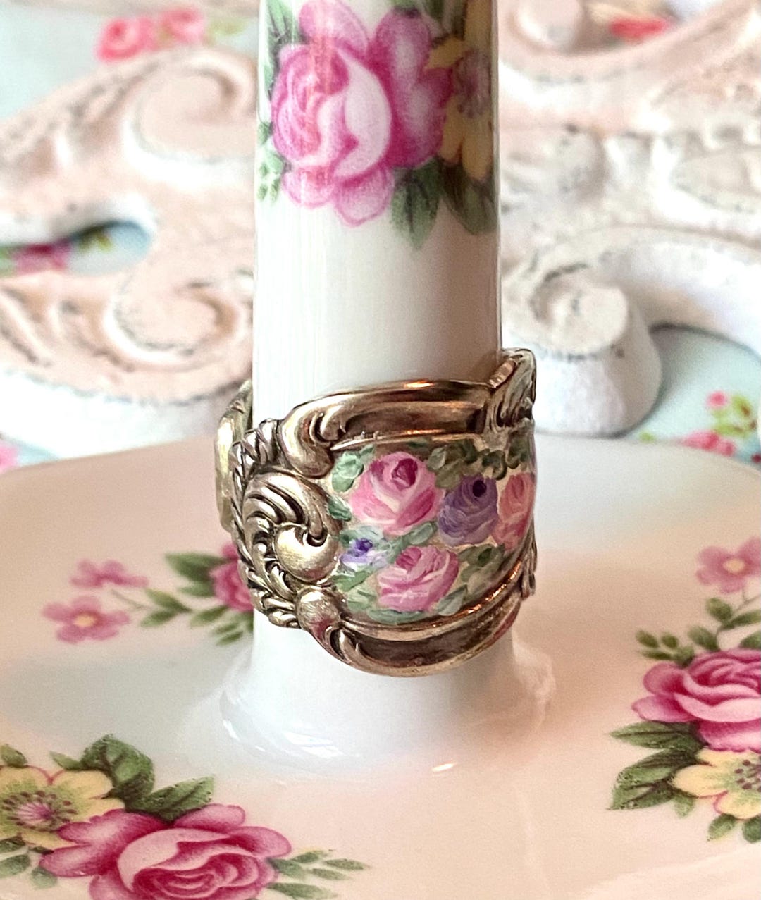 Vintage Silverware Hand Painted Roses Spoon Ring, Guilloche Style ...