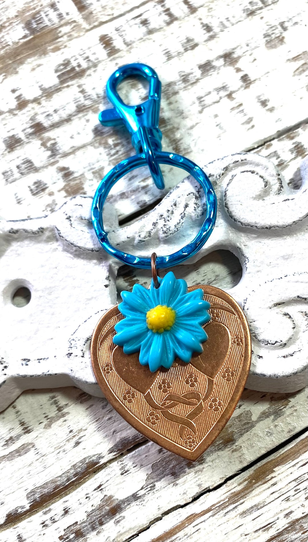 Vintage Blue Sunflower Heart Charm Key Chain, Rose Brass Double Heart ...