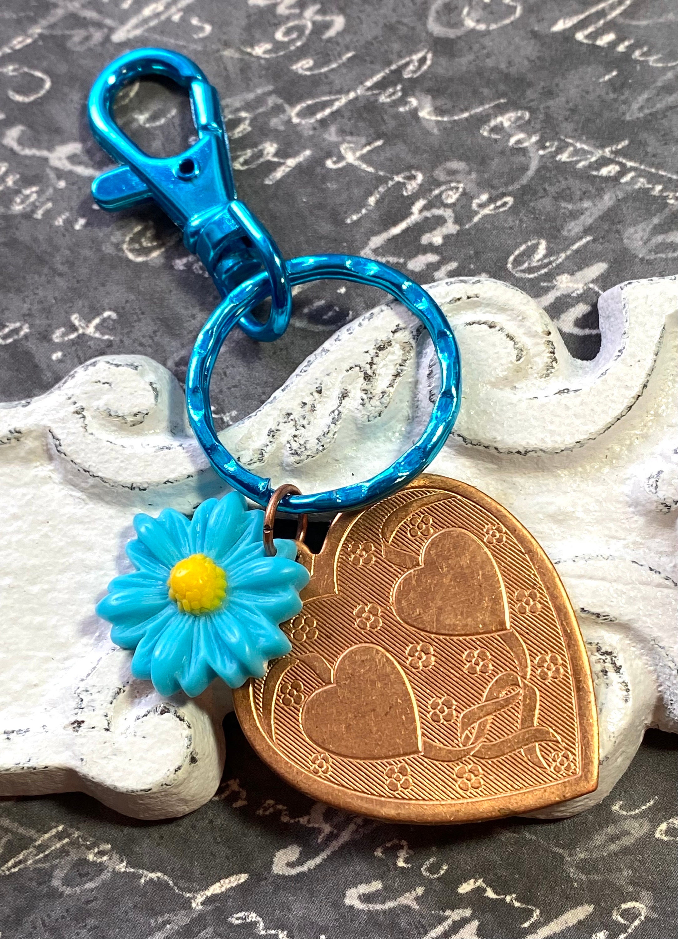 Vintage Blue Sunflower Heart Charm Key Chain, Rose Brass Double Heart ...