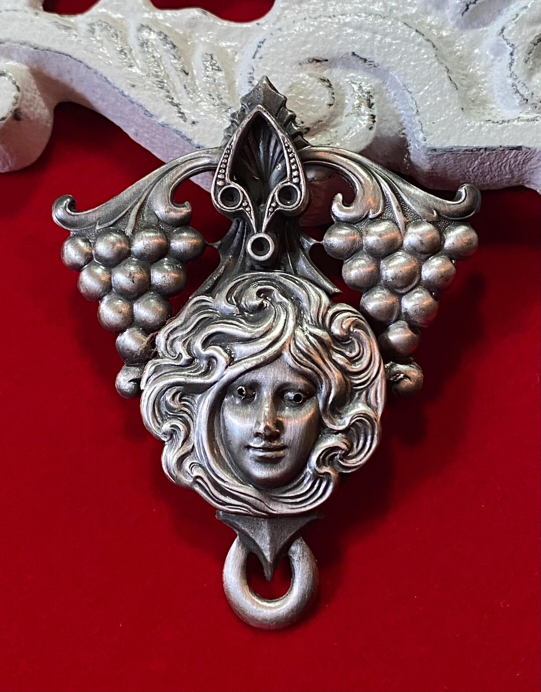 Vintage Art Nouveau Mucha Lady Stamping, Grapes, Sterling Silver Over ...