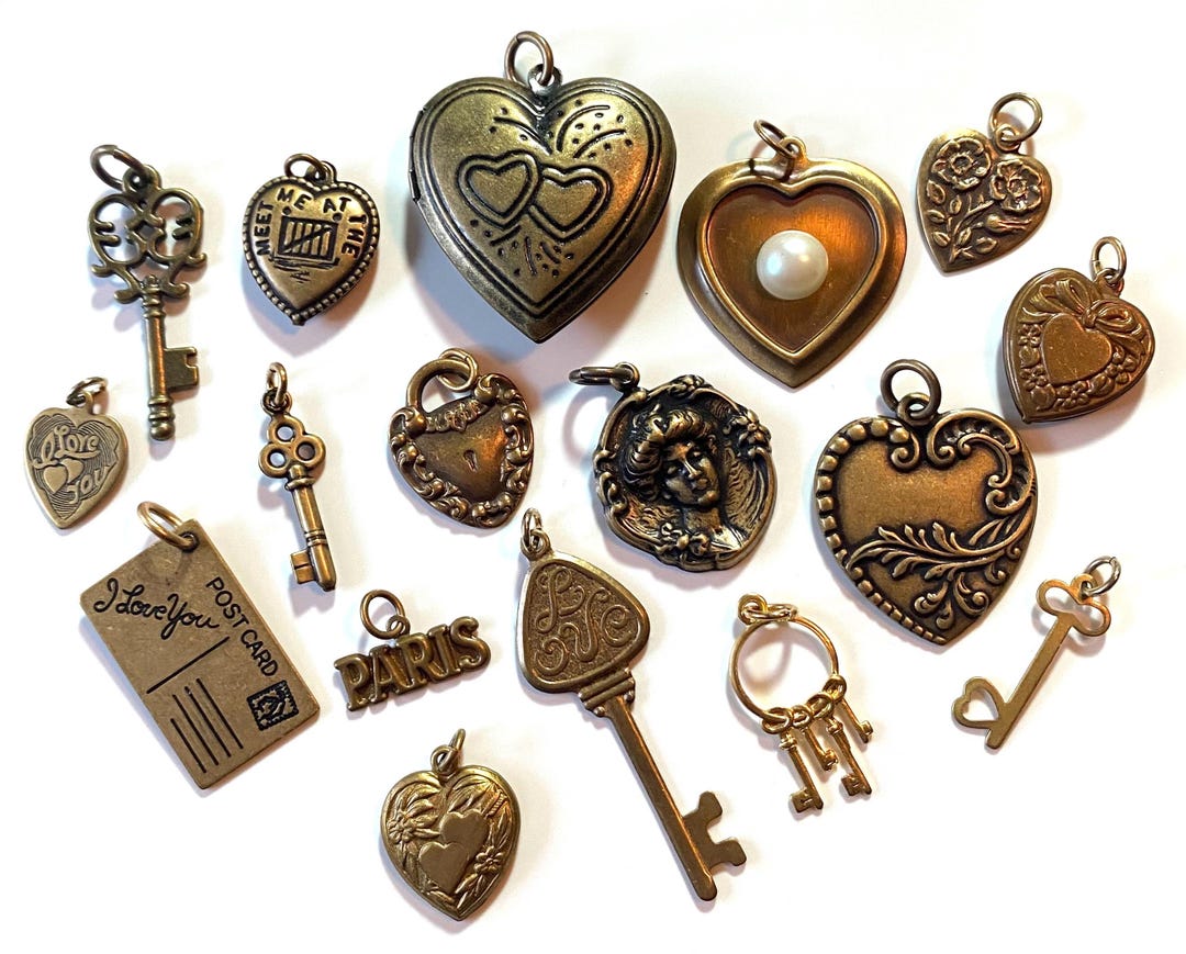 Choose a Charm Pendant, Vintage Brass Hearts Keys, Victorian Lady ...