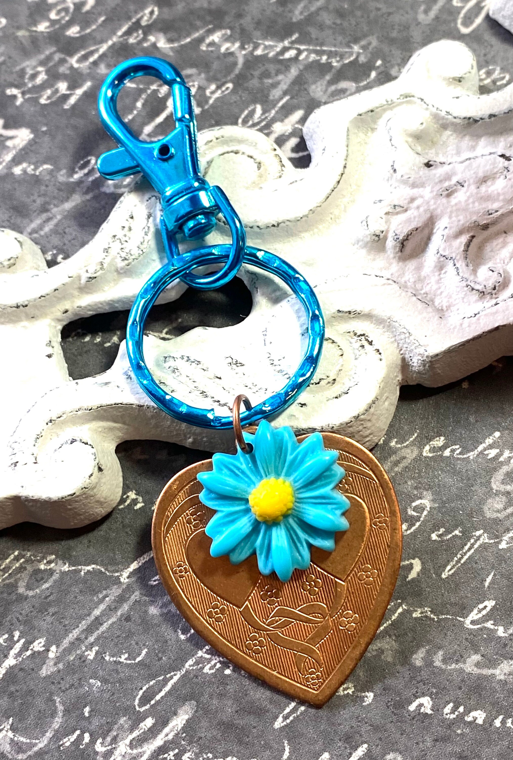 Vintage Blue Sunflower Heart Charm Key Chain, Rose Brass Double Heart ...
