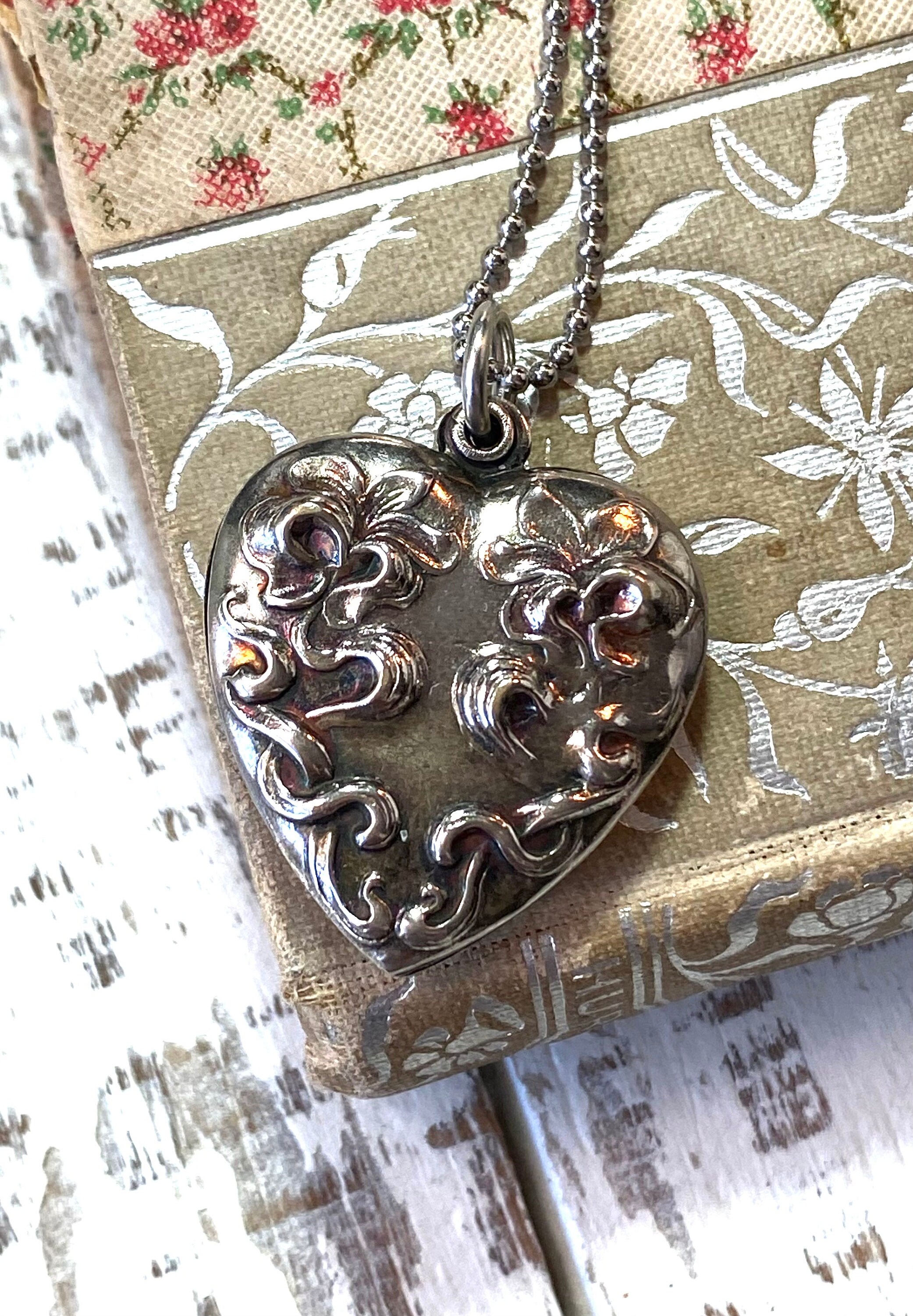 Vintage Puffy Silver Heart Charm Pendant Necklace, Ornate Art Nouveau ...