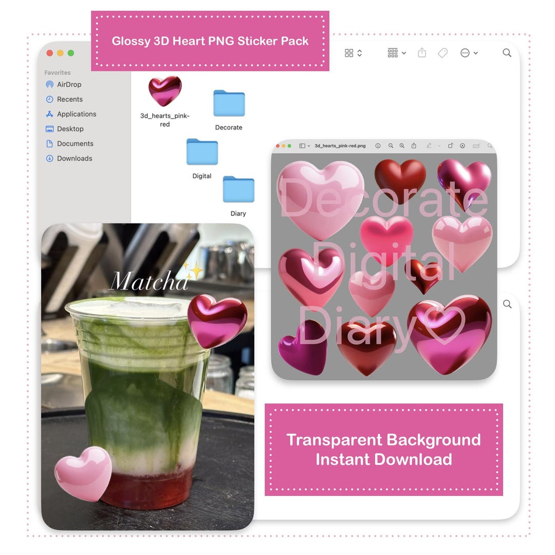 3D Hearts PNG Sticker Pack – Glossy/shiny Pink & Red Hearts for Digital ...