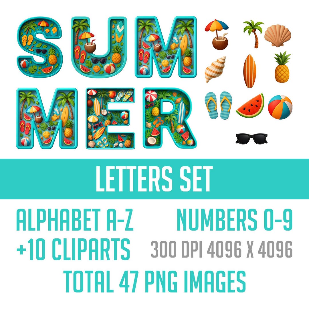 Summer Alphabet PNG Clipart: Letters, Numbers, & Graphics (digital ...