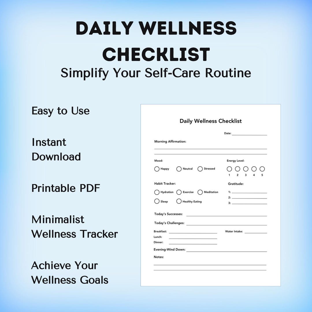 Daily Wellness Checklist Printable Wellness Tracker One-page Black ...