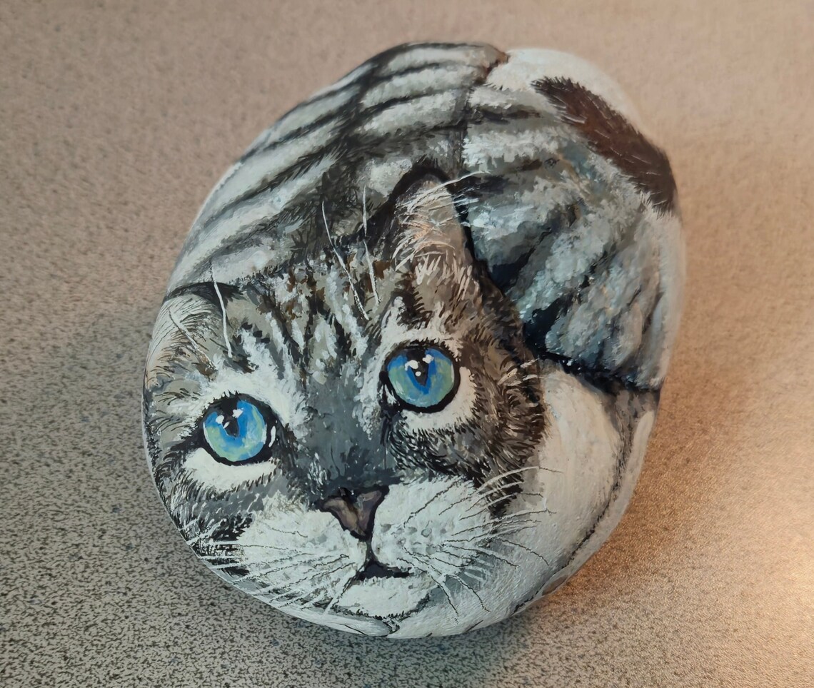 Rocky the 3D Gray Tabby Cat Rock - Painted With Acrylics - One of a ...