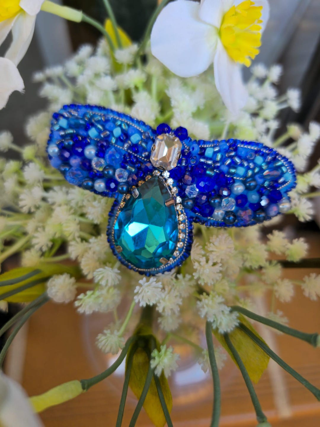 Hand-embroidered "blue Bee" Brooch. Handmade Designer Brooch. Handmade ...