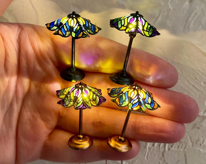 Miniature Stained Glass Flower Shade Lamp, Iron or Tarnished Bronze ...