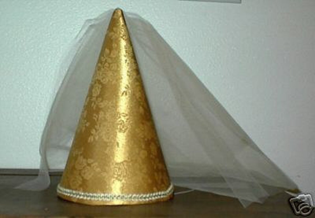 Gold Satin Brocade Deluxe Princess Medieval Cone Hat, Renaissance Henin ...