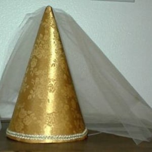 Gold Satin Brocade Deluxe Princess Medieval Cone Hat, Renaissance Henin ...