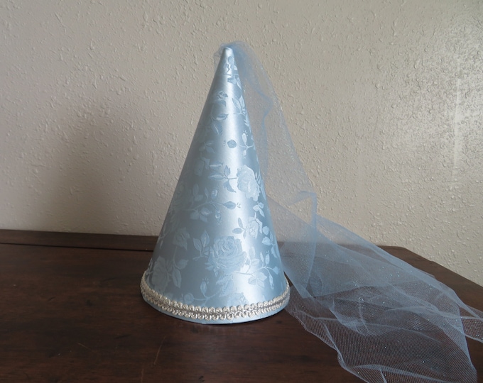 Light Blue Satin Brocade Deluxe Princess Medieval Cone Hat, Renaissance ...