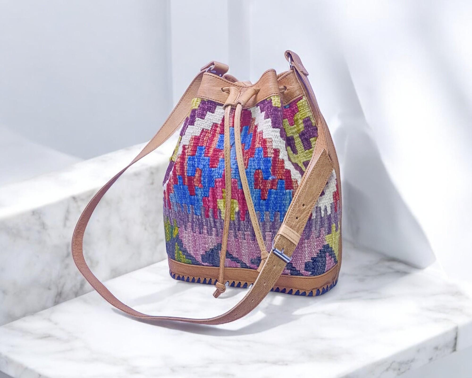 Kilim Bucket Bag, Kilim Bags, Cross Body Bag, Vintage Kilim and Genuine ...