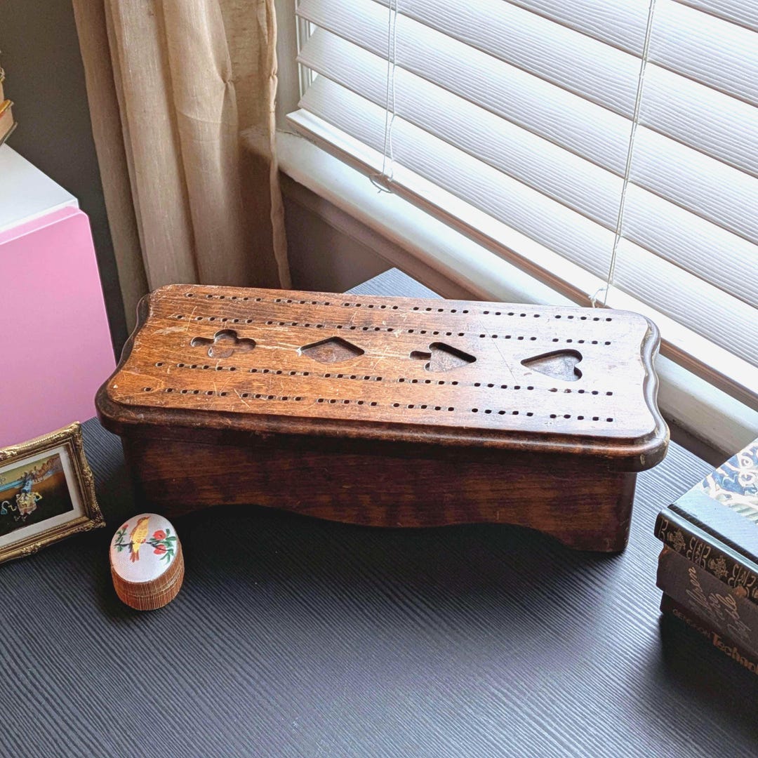 Vintage Long Wooden Box With Hinged Lid | Suits of Cards Cribbage Box ...