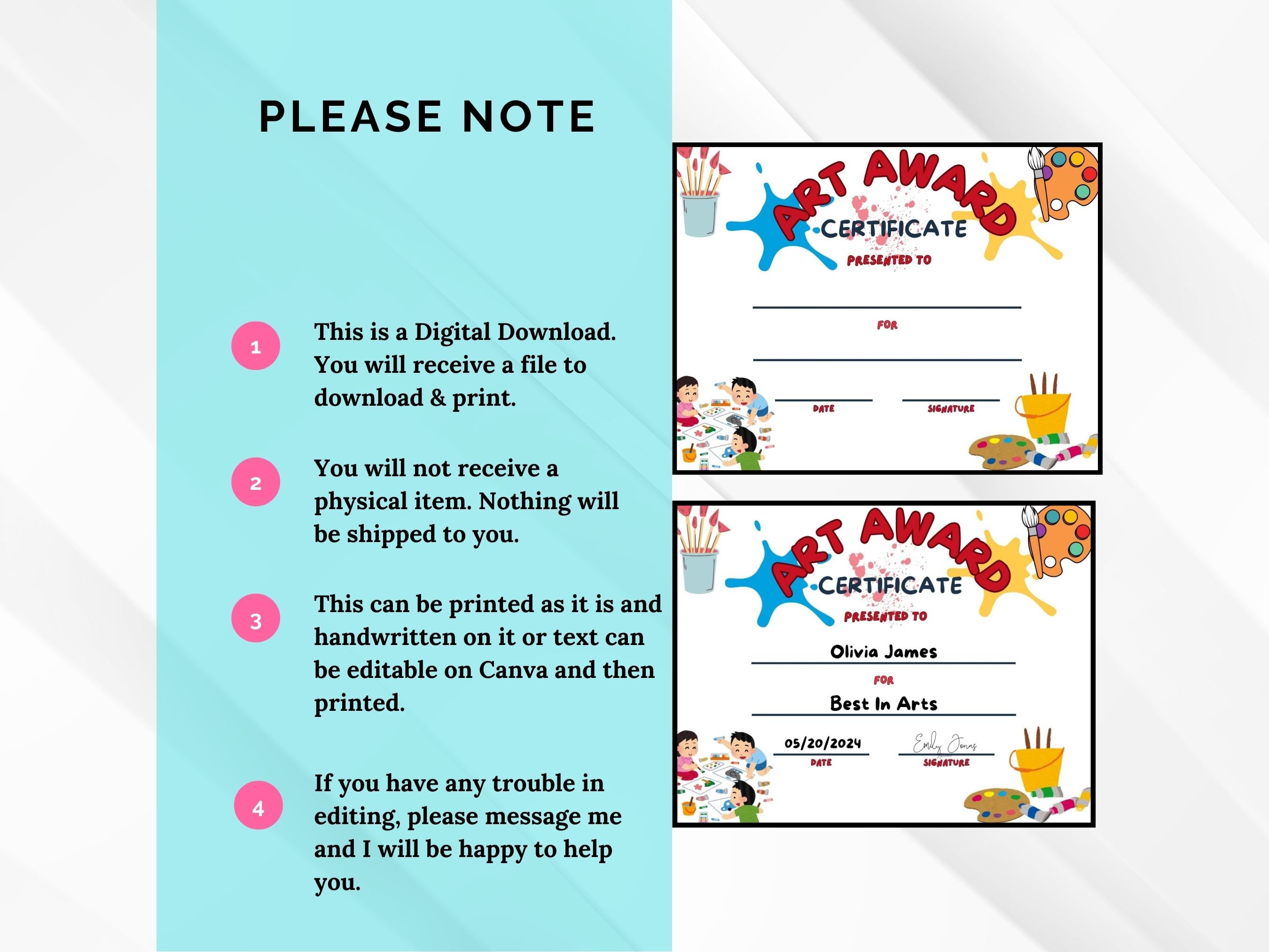 Printable Art Award Certificate Artist Award Certificate Digital ...