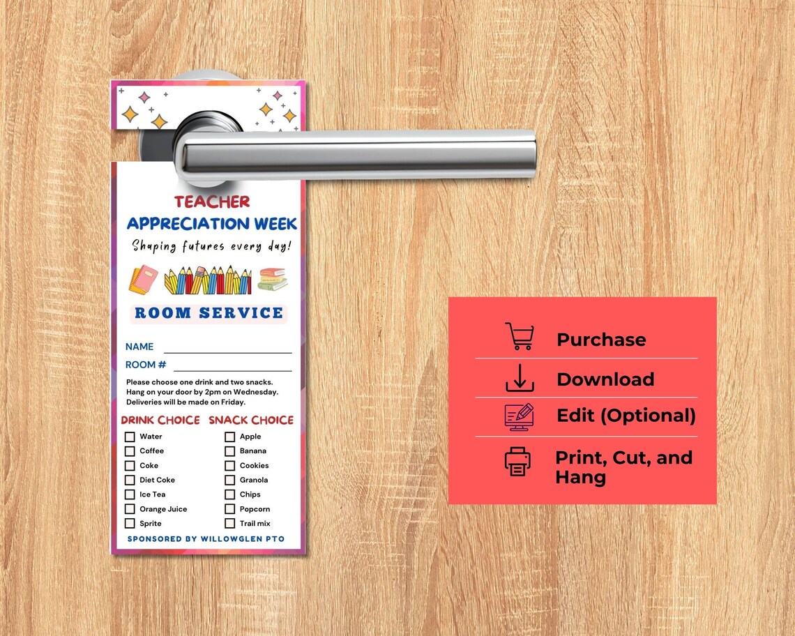 Teacher Appreciation Door Hanger Room Service Door Hanger Editable ...