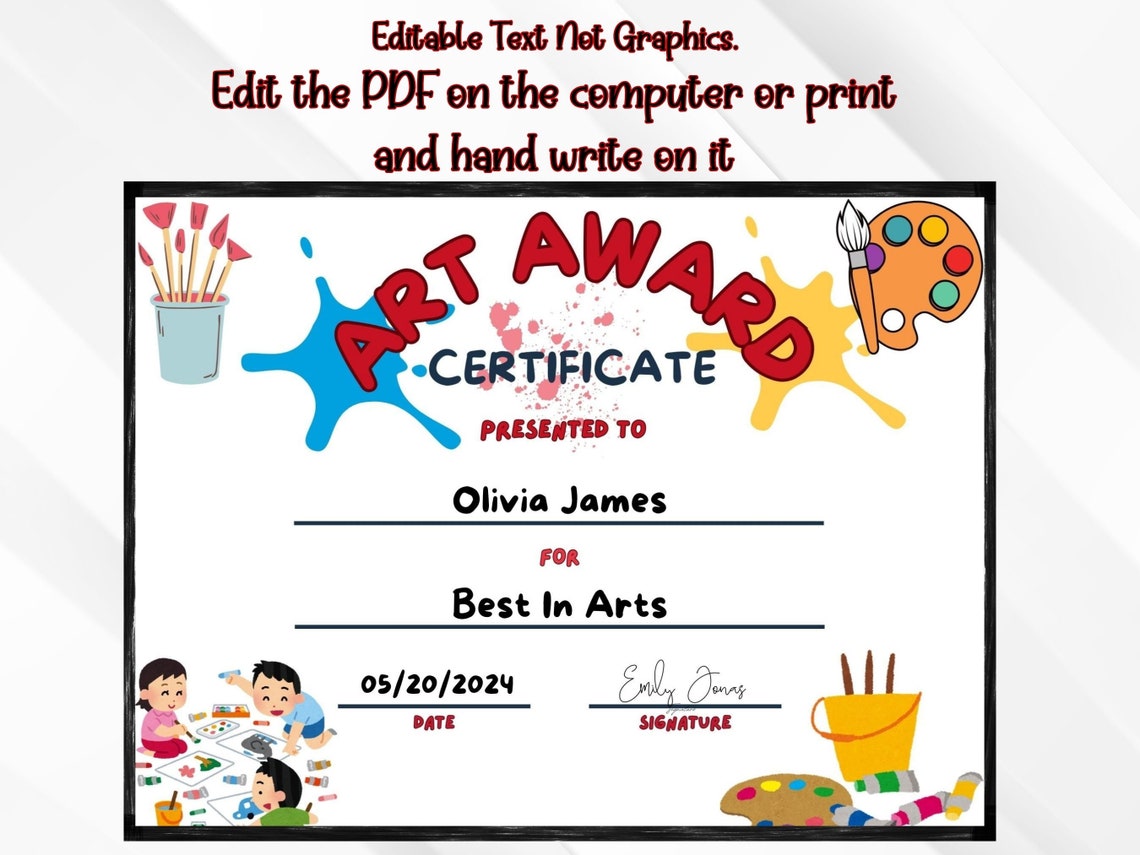 Printable Art Award Certificate Artist Award Certificate Digital ...