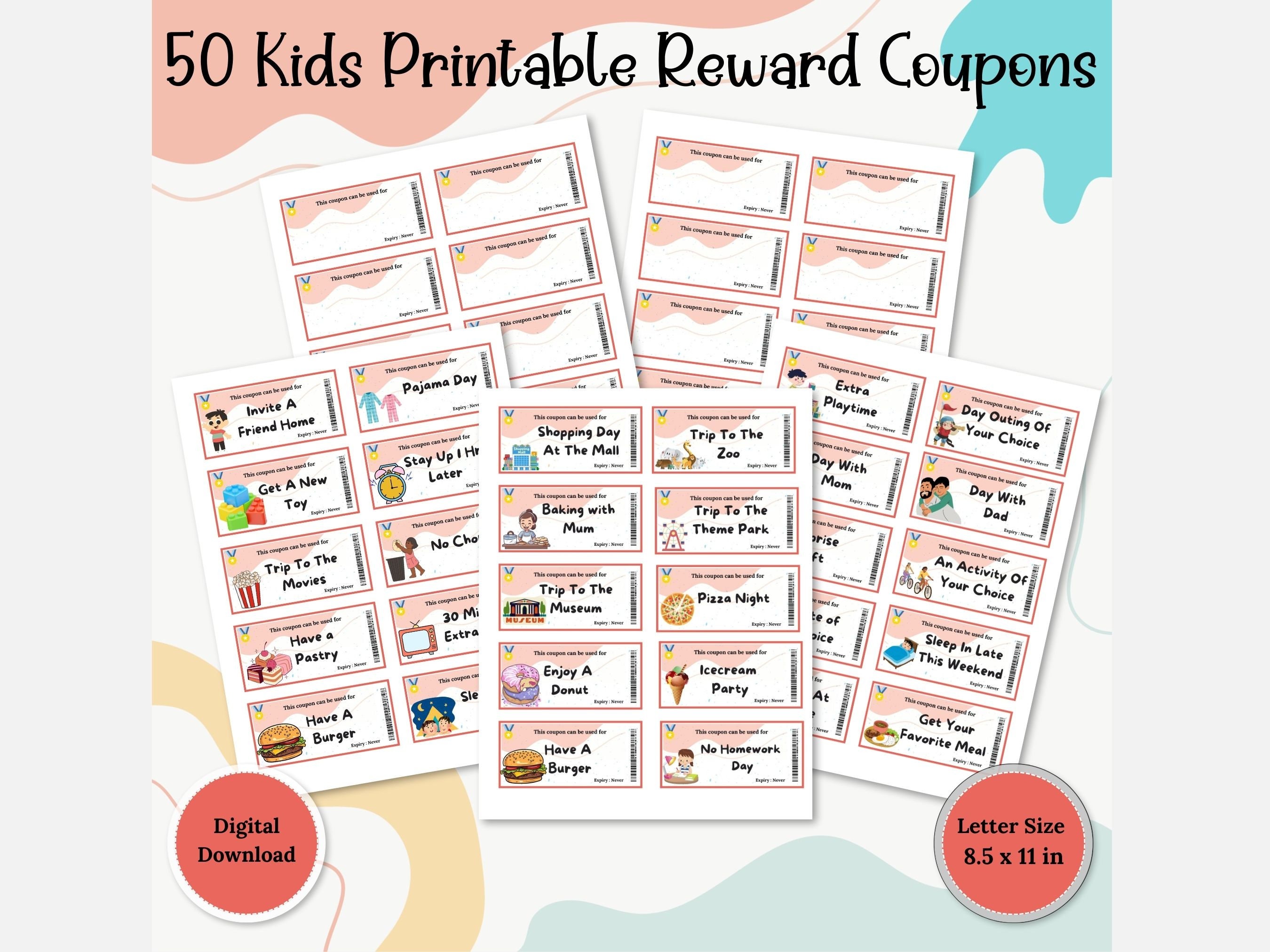 Printable Kids Reward Coupons, Kids Coupons, Reward Tickets, Kids ...