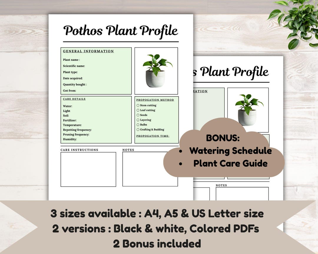Pothos Plant Care Guide Printable Plant Profile PDF Watering Schedule ...