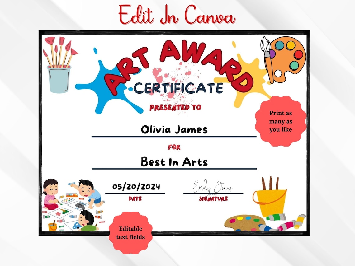 Printable Art Award Certificate Artist Award Certificate Digital ...