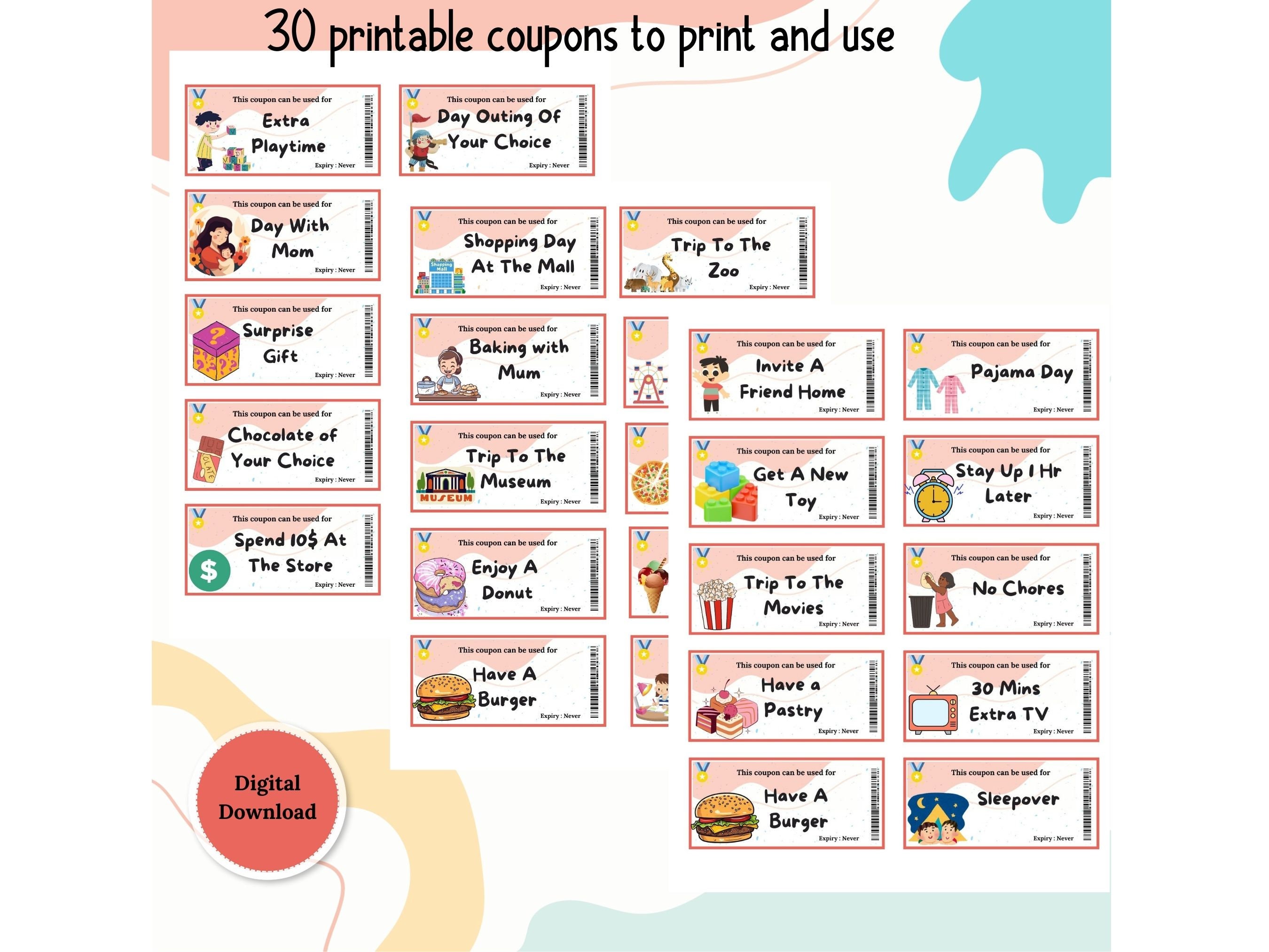 Printable Kids Reward Coupons, Kids Coupons, Reward Tickets, Kids ...