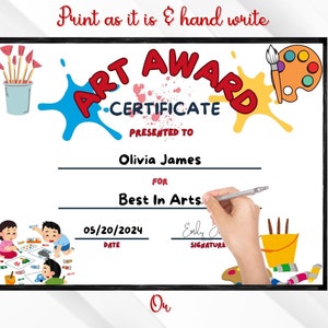 Printable Art Award Certificate Artist Award Certificate Digital ...