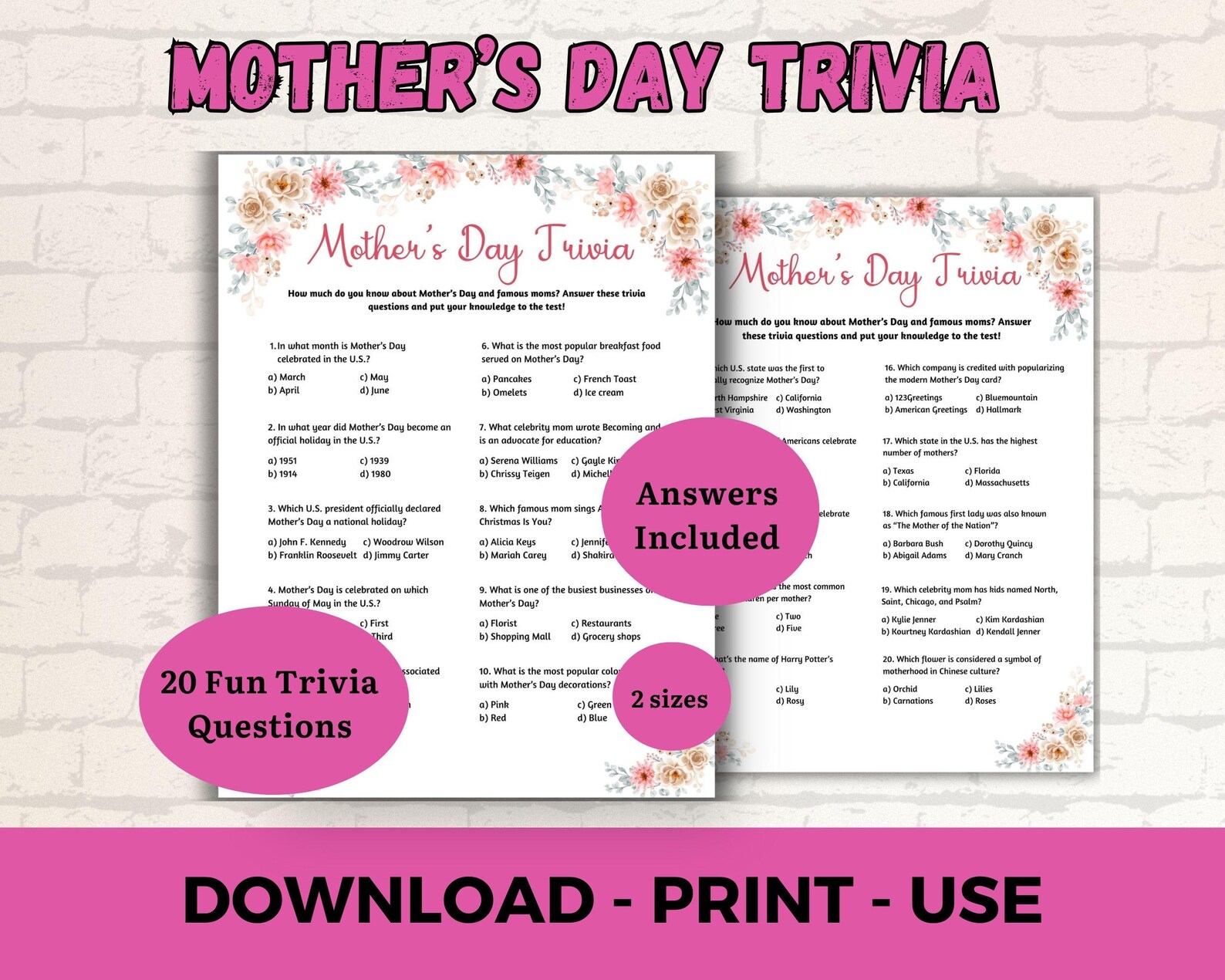 Mothers Day Trivia Mothers Day Brunch Games Trivia for Mothers Easy ...