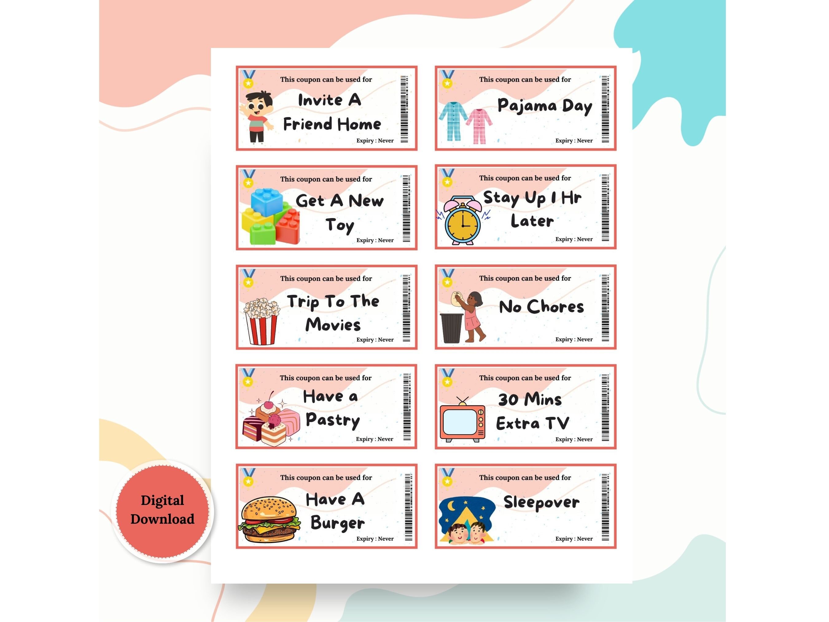 Printable Kids Reward Coupons, Kids Coupons, Reward Tickets, Kids ...