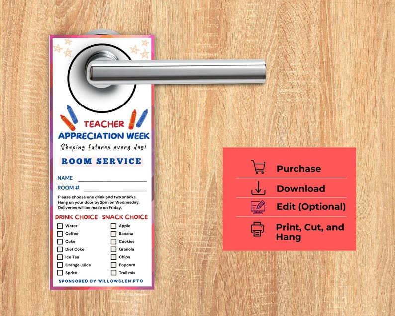 Teacher Appreciation Door Hanger Room Service Door Hanger Editable ...