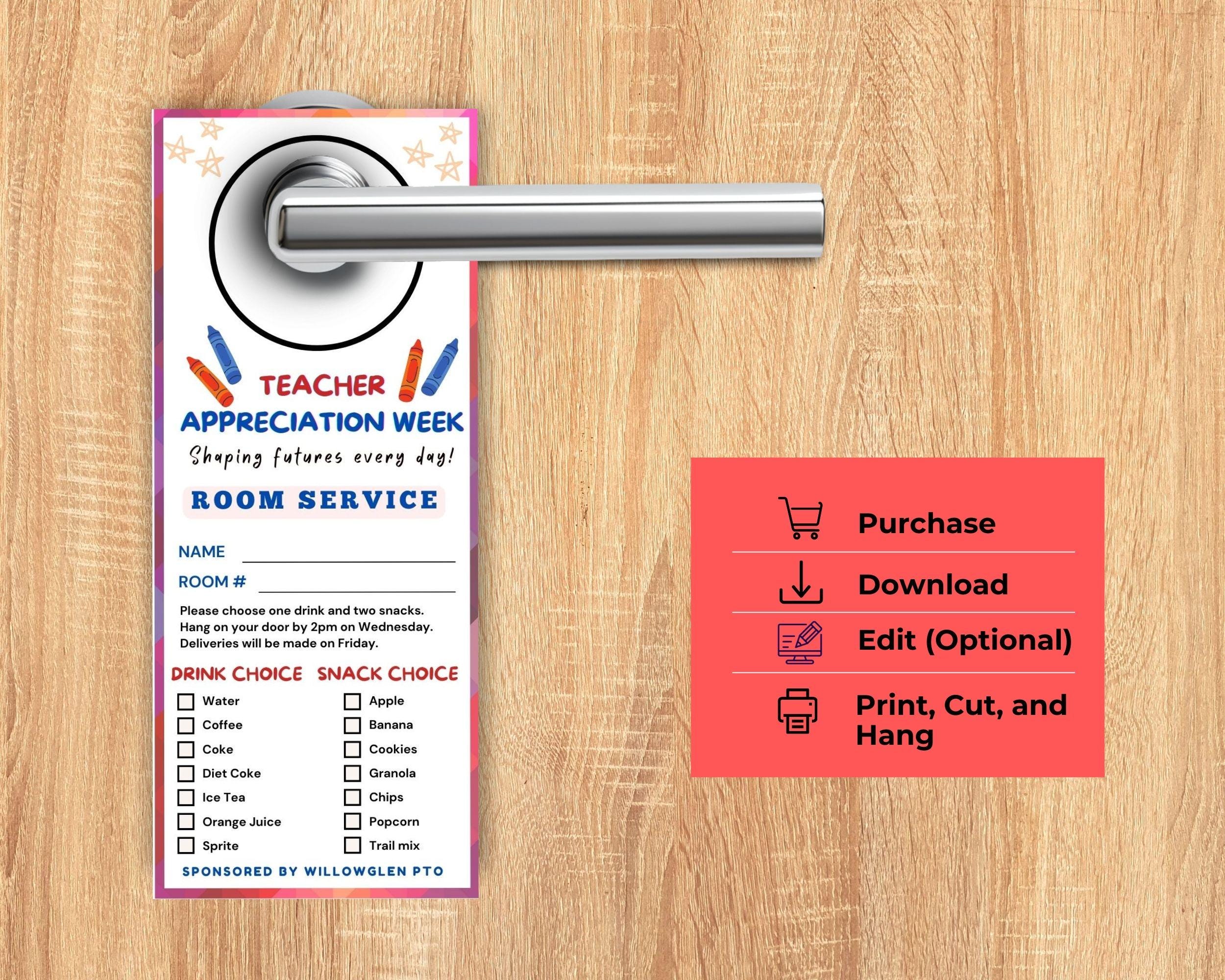 Teacher Appreciation Door Hanger Room Service Door Hanger Editable ...