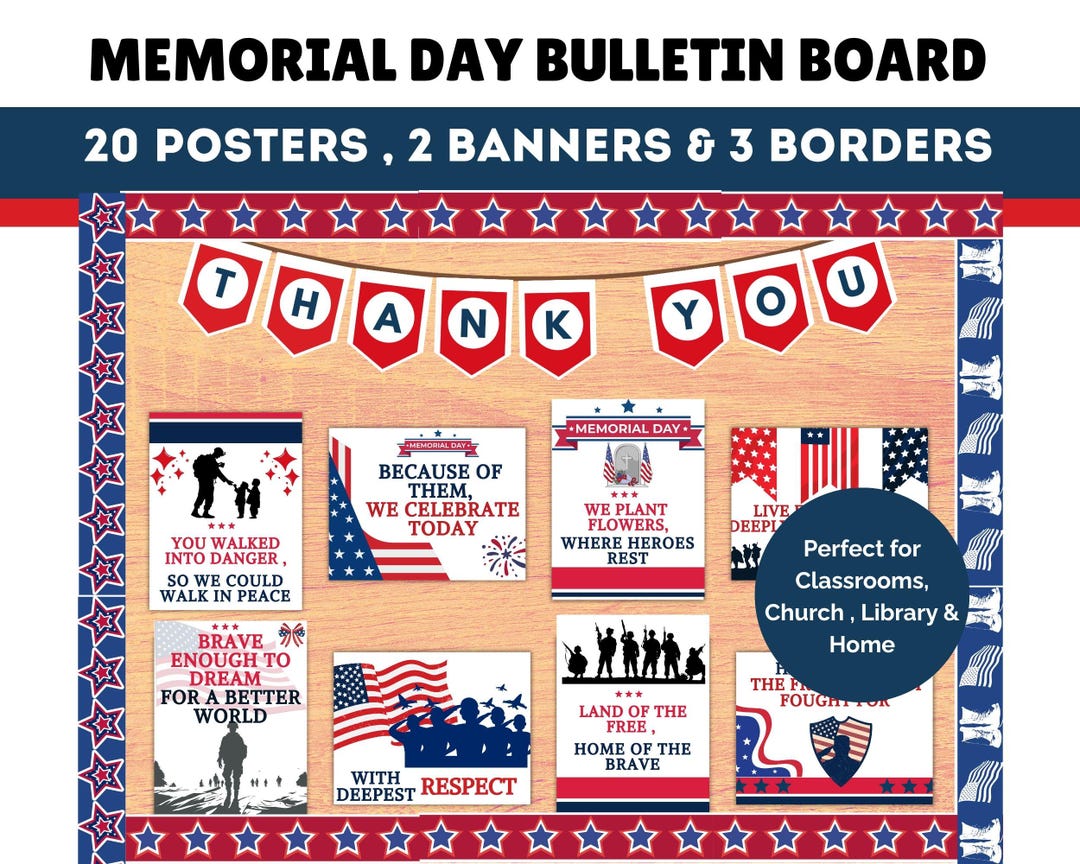 Memorial Day Bulletin Board Kit Printable Patriotic Wall Decor Sunday ...
