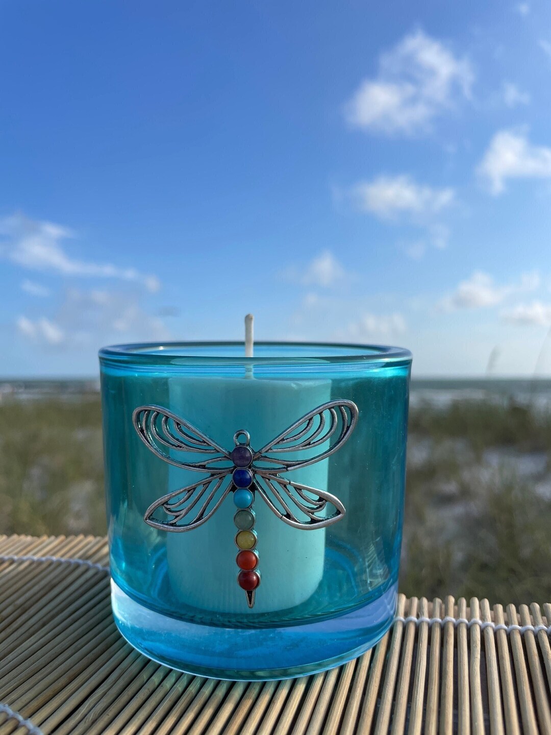 Chakra Dragonfly on a Ocean Blue Glass Candle Holder Soy Wax - Etsy