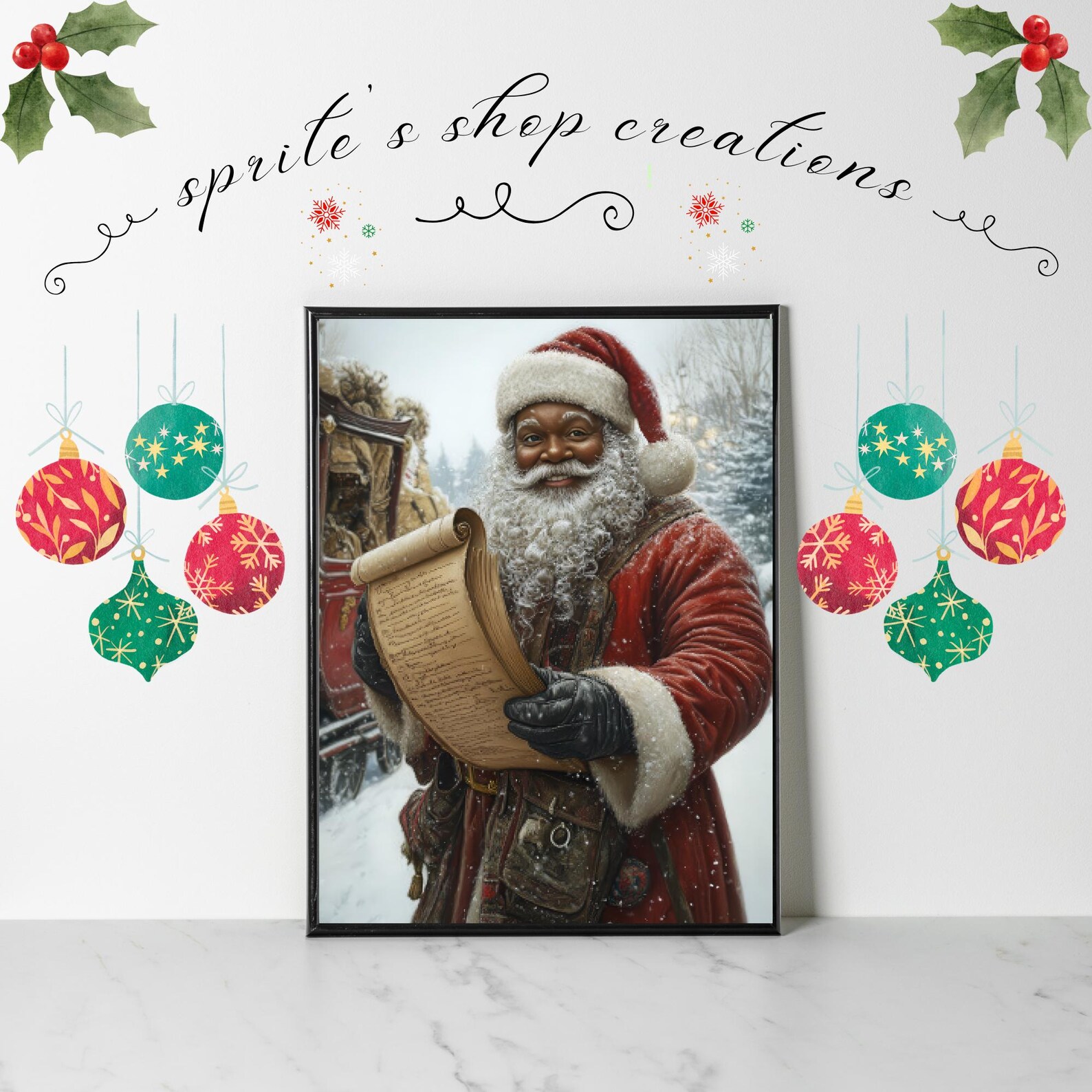 Black Santa Christmas List Art Print: Holiday Wall Decor (digital ...