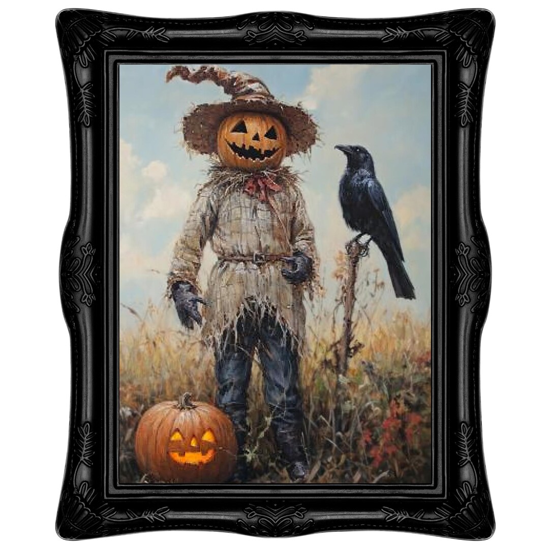 Scarecrow & Raven Fall Art Print: Rustic Halloween Decor (digital ...