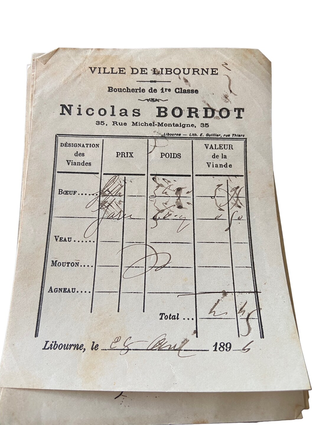 French Butcher Shop Antique Invoices Dated Late 1800s Handwritten ...