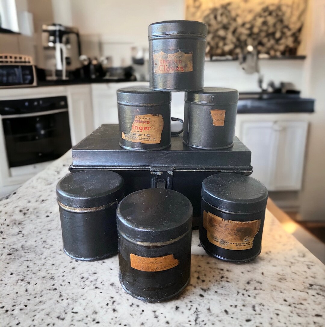 Antique Spice Tin Box With Six Spice Tins Inside Black Spice Tin Box ...