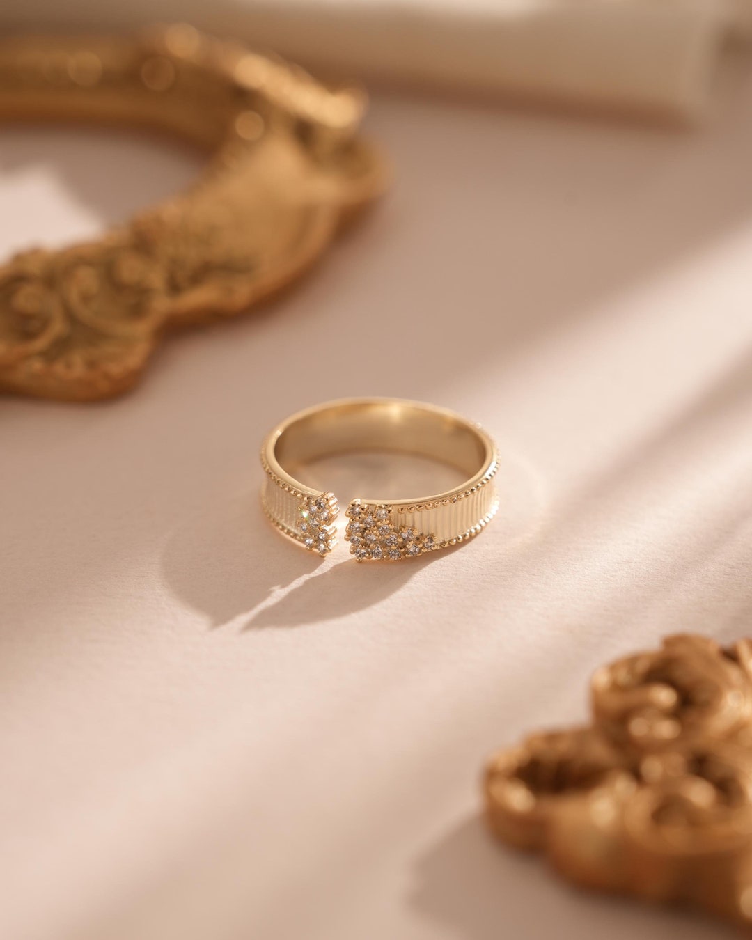 18k Diamond Open Engagement Ring Set,scattered Diamond Wide Cigar Band ...