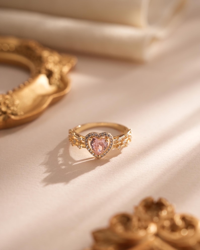 18k Gild Sterling Silver Pink Diamond Heart Ring, Anniversary Gift - Etsy