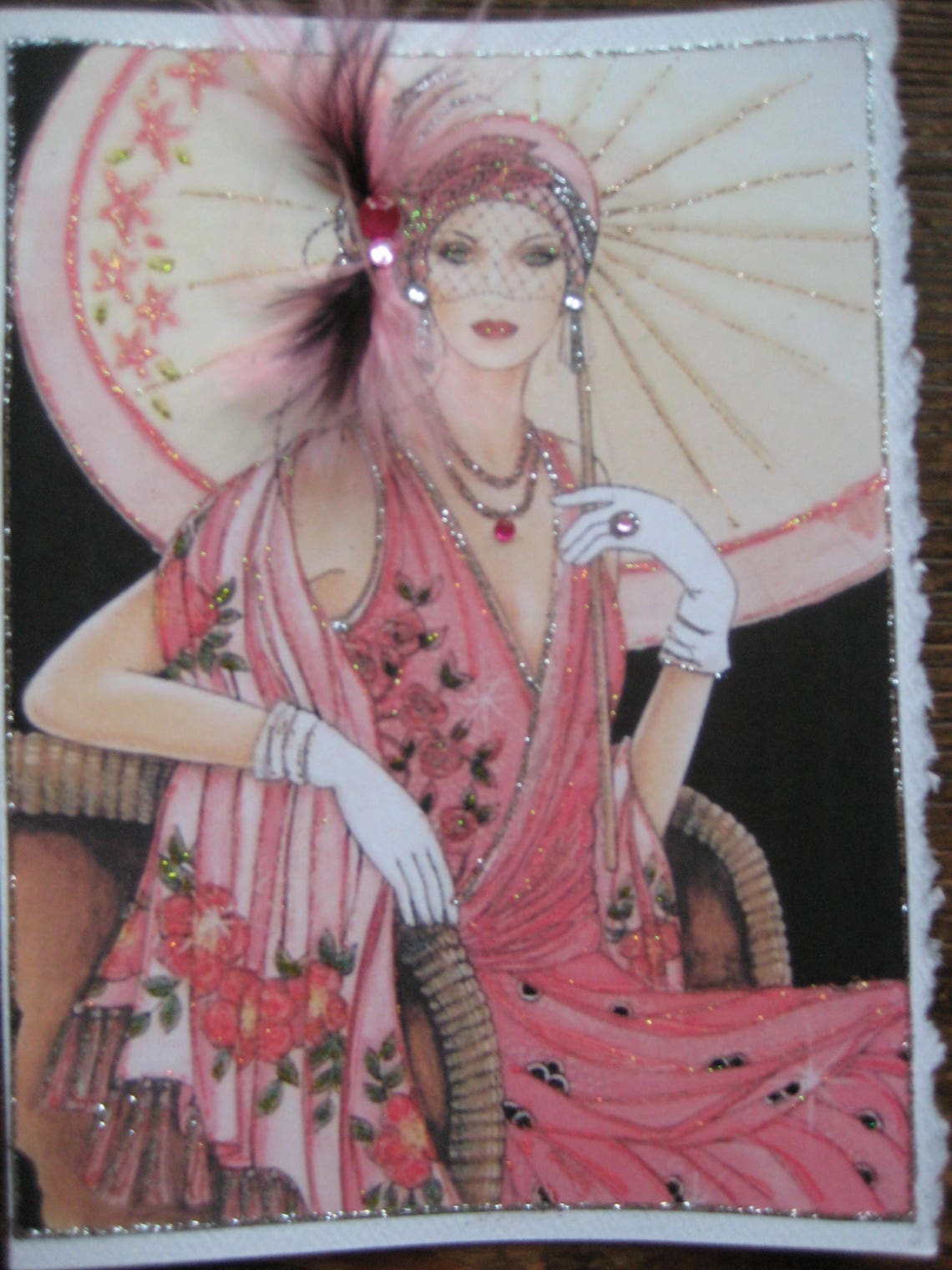 Art Deco lady in Pink With Umbrella Card - Etsy