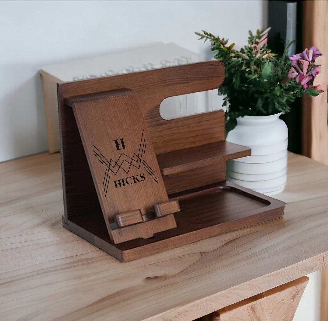 Personalized Wood Phone Docking Station - Key Holder Wallet Stand ...