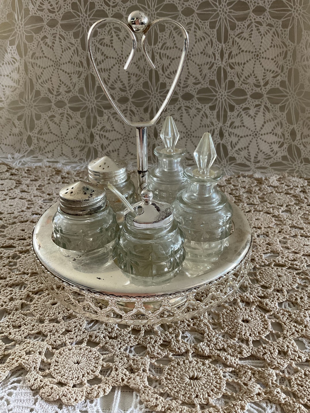 Vintage Silver Plated Rotating Salt & Pepper Condiment Tray/ Caddy With ...