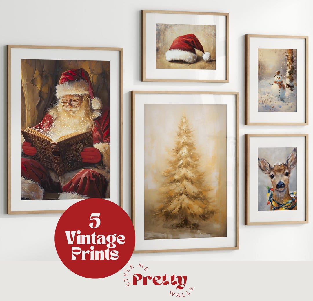 Vintage Christmas Printable Gallery Wall Art Bundle, Set of 5 Xmas Art ...