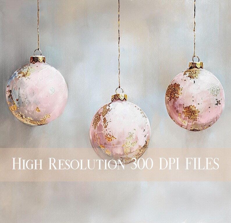Pink and Gold Christmas Ornaments Printable Wall Art, Sophisticated ...