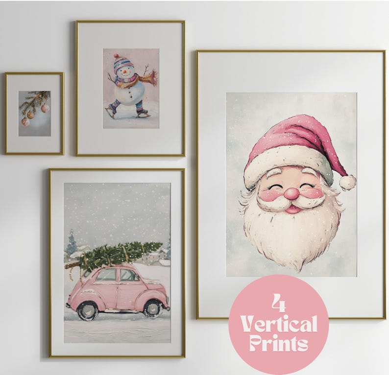 Printable Christmas Wall Art Set, 5 Piece Vintage Pink Christmas Prints ...